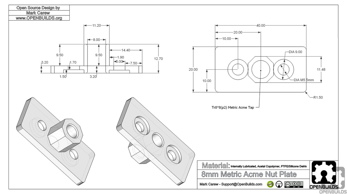 Nut Plate for 8mm Metric Acme Lead Screw